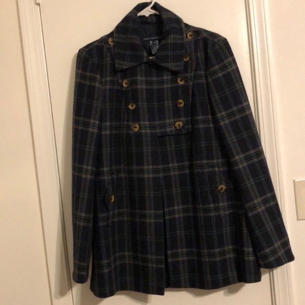 French Connection Plaid Military Army Pea Coat - Gem